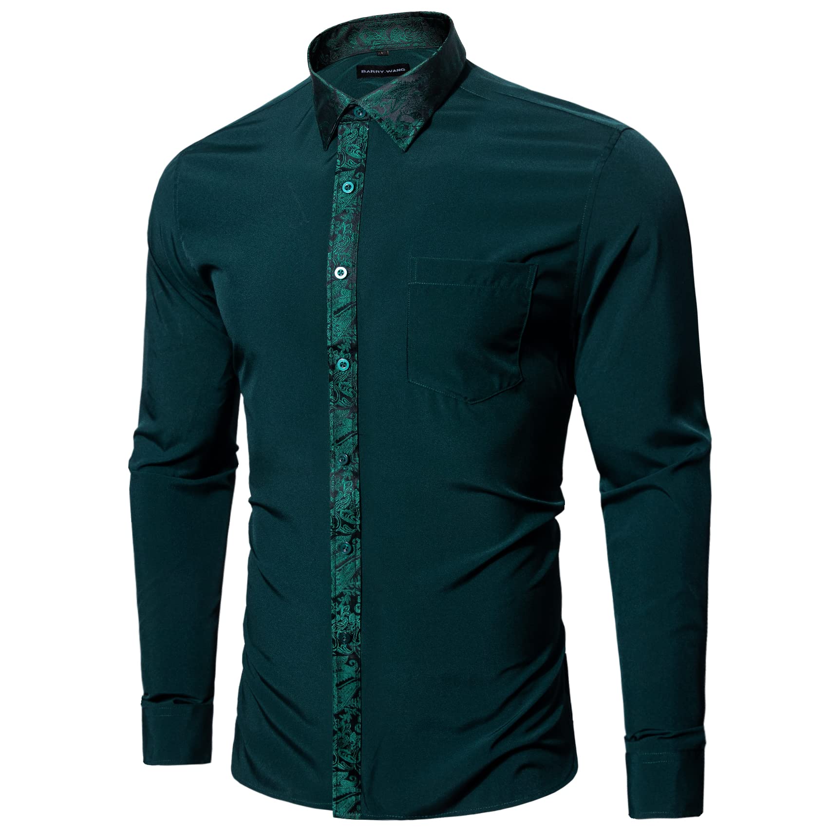 YOHOWA Men's Shirt Solid Color Cotton Silk Long Sleeve Button Down Dress Shirts Business Formal Dark Green