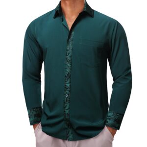 YOHOWA Men's Shirt Solid Color Cotton Silk Long Sleeve Button Down Dress Shirts Business Formal Dark Green