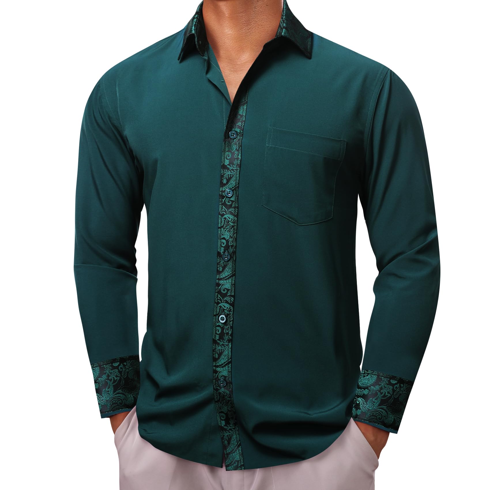 YOHOWA Men's Shirt Solid Color Cotton Silk Long Sleeve Button Down Dress Shirts Business Formal Dark Green