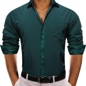 YOHOWA Men's Shirt Solid Color Cotton Silk Long Sleeve Button Down Dress Shirts Business Formal Dark Green