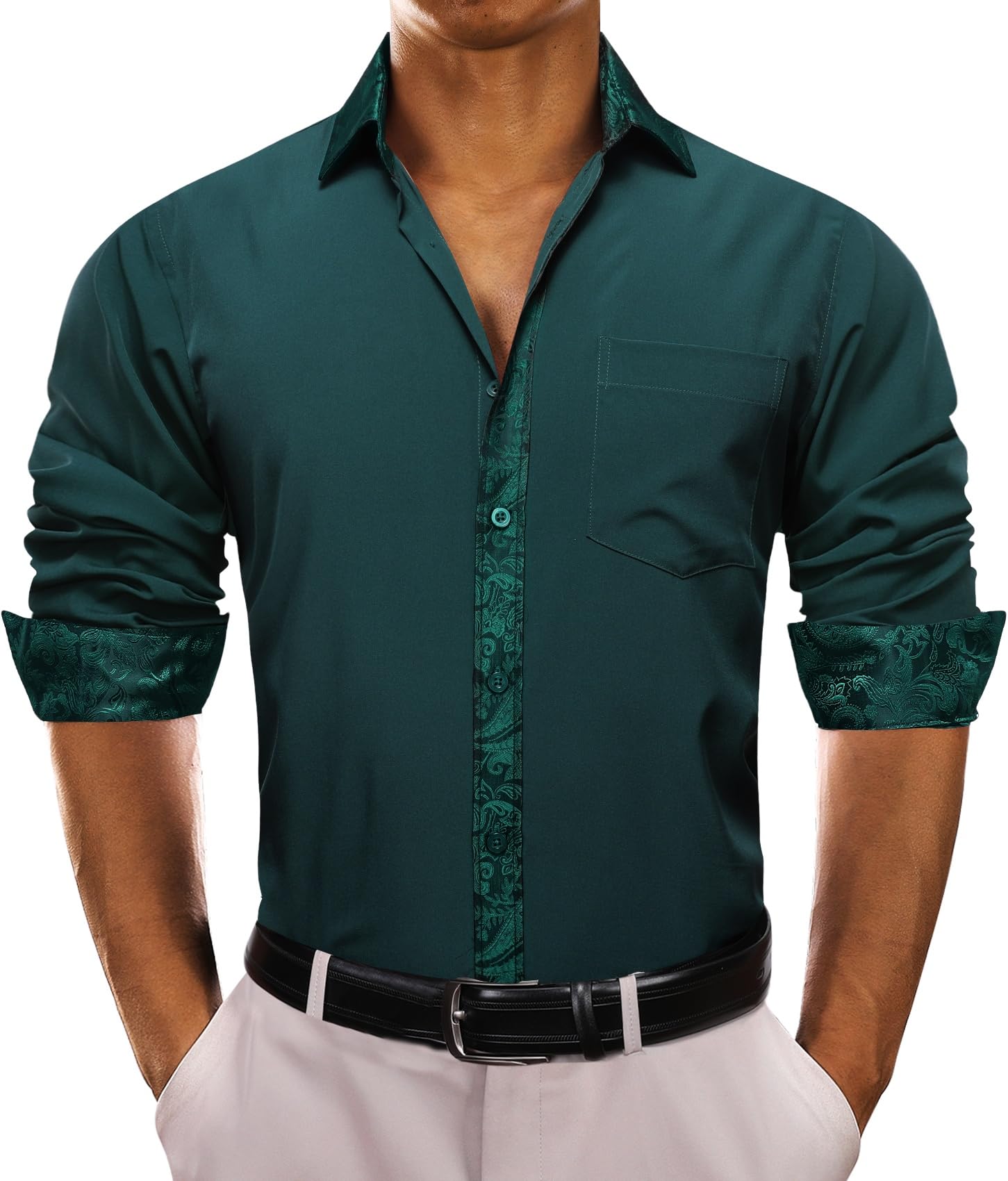 YOHOWA Men's Shirt Solid Color Cotton Silk Long Sleeve Button Down Dress Shirts Business Formal Dark Green