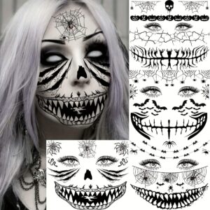 egmbgm 4 sheets scary halloween face temporary tattoos for women men, 3d witch zombie makeup kit for kids girls boys adults, dia de los muertos day of the dead makeup face tattoos spider web bat scar