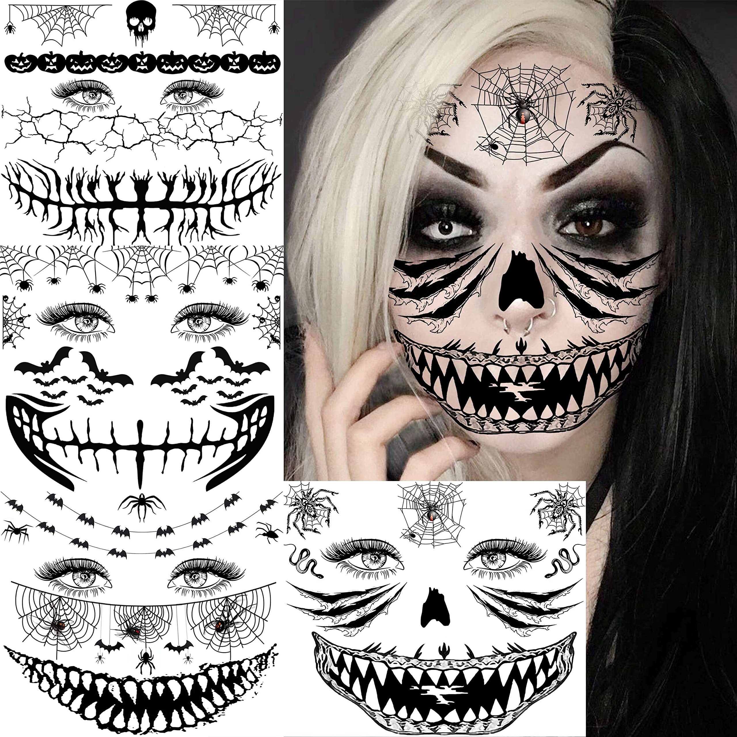 EGMBGM 4 Sheets Scary Halloween Face Temporary Tattoos For Women Men, 3D Witch Zombie Makeup Kit For Kids Girls Boys Adults, Dia de los muertos Day of the Dead Makeup Face Tattoos Spider Web Bat Scar