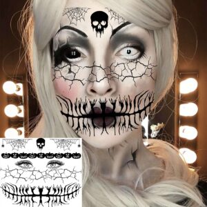 EGMBGM 4 Sheets Scary Halloween Face Temporary Tattoos For Women Men, 3D Witch Zombie Makeup Kit For Kids Girls Boys Adults, Dia de los muertos Day of the Dead Makeup Face Tattoos Spider Web Bat Scar