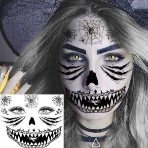 EGMBGM 4 Sheets Scary Halloween Face Temporary Tattoos For Women Men, 3D Witch Zombie Makeup Kit For Kids Girls Boys Adults, Dia de los muertos Day of the Dead Makeup Face Tattoos Spider Web Bat Scar