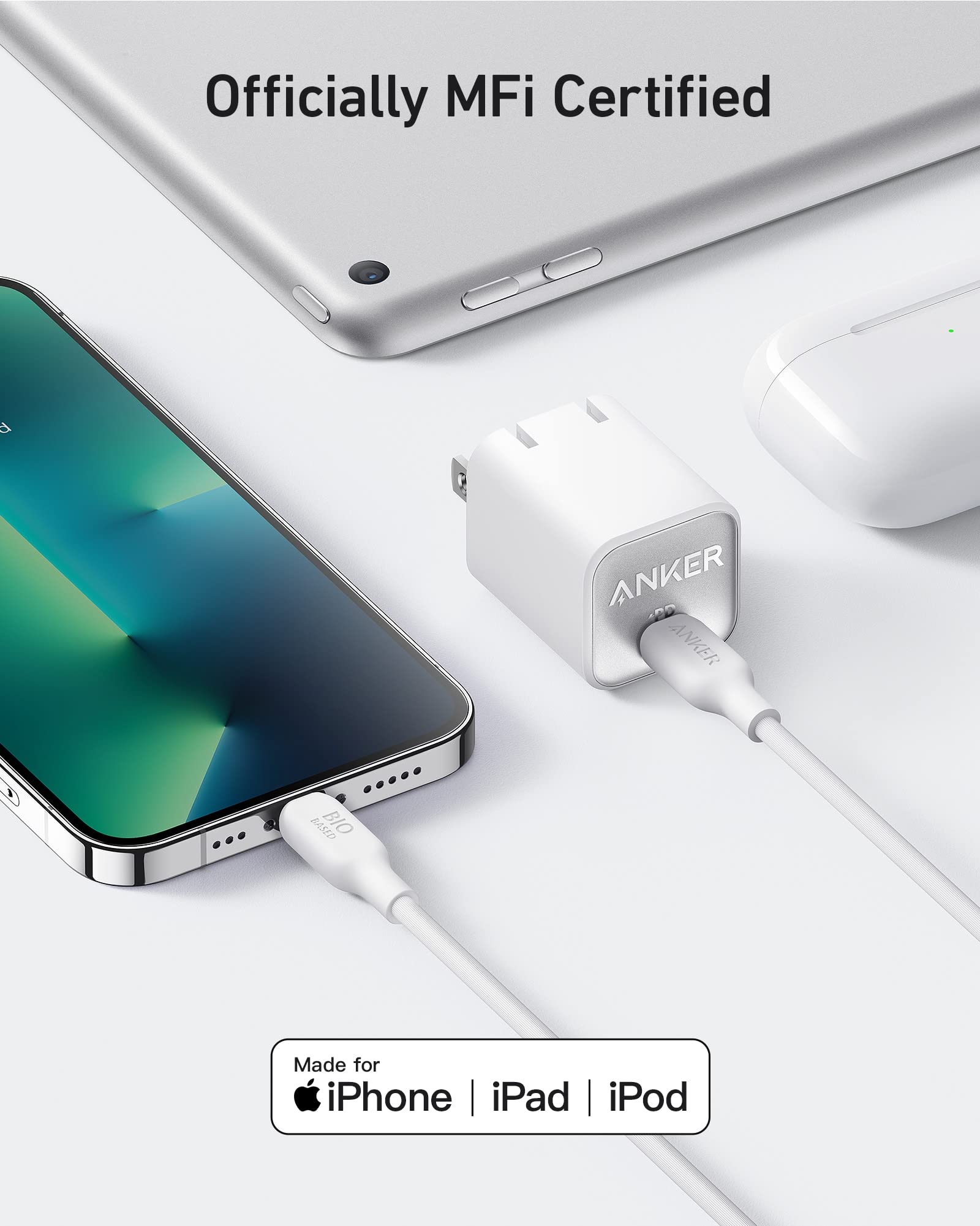 Anker USB C GaN 30W, 511 Charger (Nano 3) with 6ft Bio-Based USB-C to Lightning Cable (MFi Certified), for iPhone 14/14 Pro/14 Pro Max/13/13 Mini/13 Pro/13 Pro Max/iPad Pro