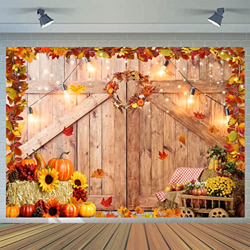 CYLYH 7x5FT Fall Thanksgiving Backdrop Autumn Pumpkin Harvest Barn Door Background Thanksgiving Banner Decoration Fall Rustic Farm Door Photography Backdrop CY582