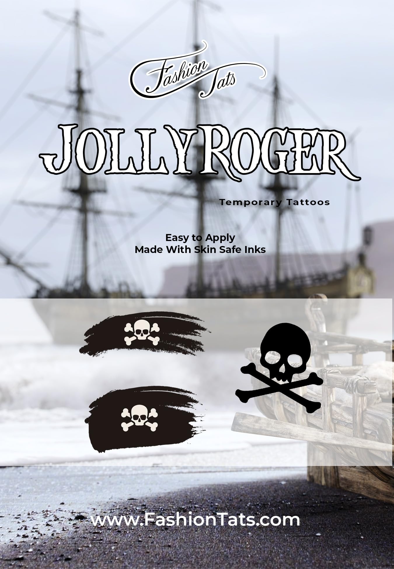 FashionTats Jolly Roger Pirate Temporary Tattoos | Pack of 20 | Skull & Crossbones Buccaneers | MADE IN THE USA | Skin Safe | Removable