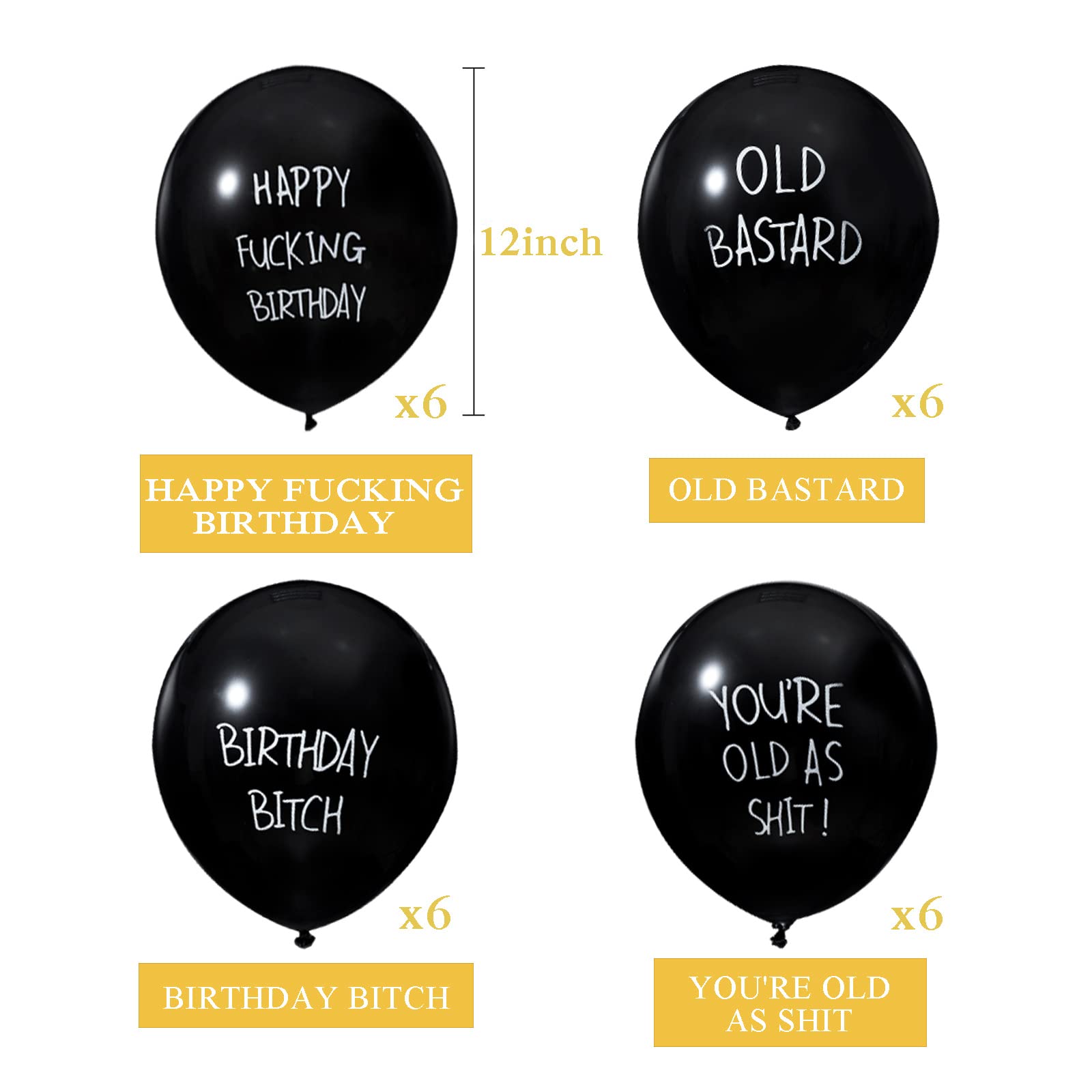 24Pcs Black Abusive Balloons 12 Inches Funny Abusive Old Age Birthday Party Balloons Cute Offensive Rude Latex Birthday Balloons for Men Women Adults Birthday Party Supplies Indoor/Outdoor