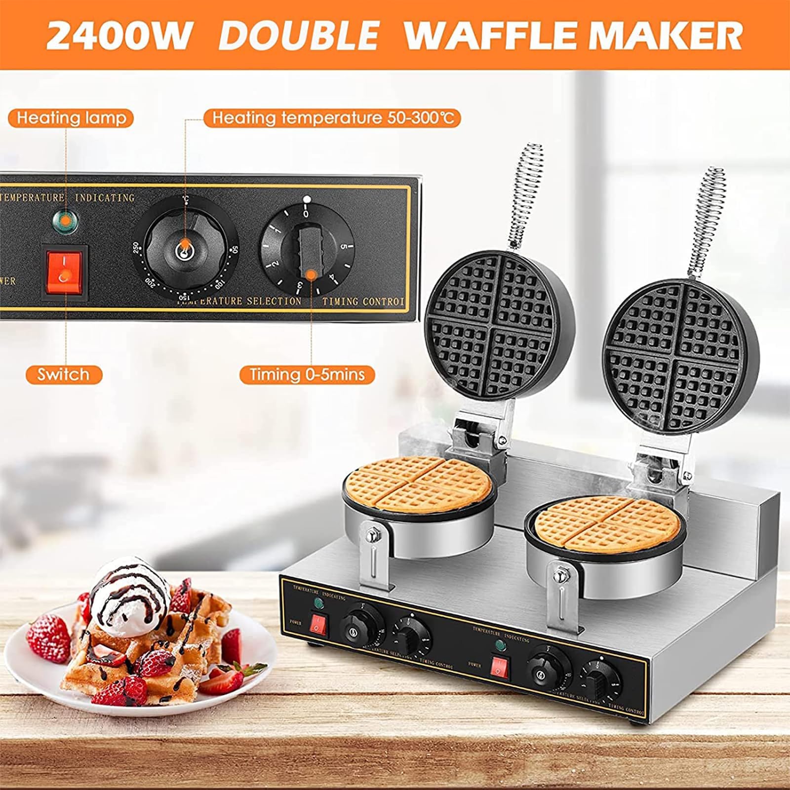 LIVOSA 2400W Commercial Waffle Maker Double Waffle Machine 110V Non Stick Electric Muffin Machine, Waffle Machine for Commercial/Household Kitchens, Cafes, Restaurants and Snack Bars