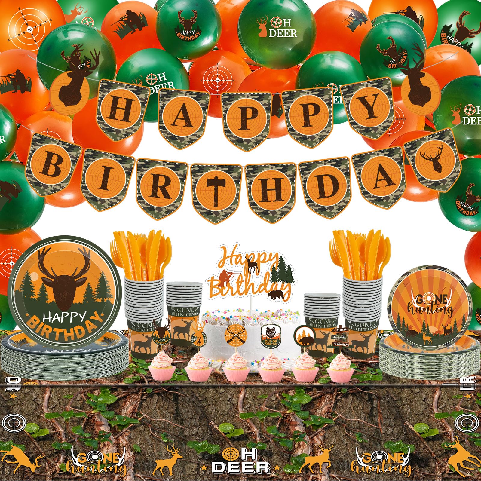 165 Pcs Hunting Birthday Party Decorations Hunting Birthday Banner Cake Decors Deer Balloons Camo Paper Plates Cups Serves 16 Guests Hunting Birthday Party Supplies Camo Tablecloth (Banner)