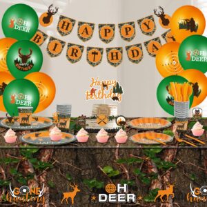 165 Pcs Hunting Birthday Party Decorations Hunting Birthday Banner Cake Decors Deer Balloons Camo Paper Plates Cups Serves 16 Guests Hunting Birthday Party Supplies Camo Tablecloth (Banner)