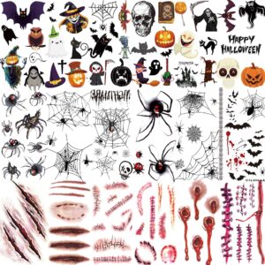 yezunir 88+ styles 18 sheets 3d halloween temporary tattoos for kids realistic spider web bat witch pumpkin fake scars tattoos sticker zombie halloween makeup kit women men adults face stitches wound