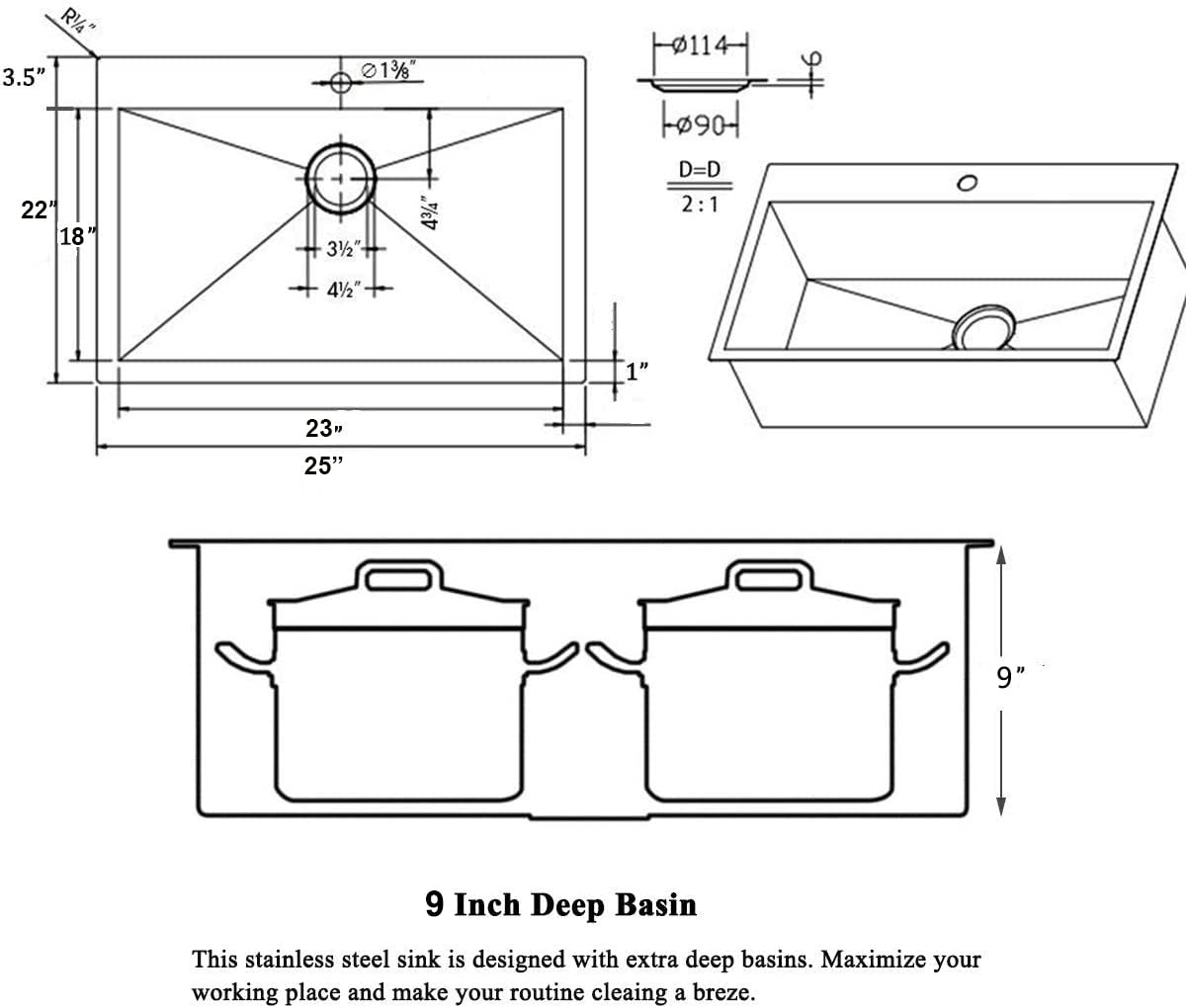 SHACO 25x22 Inch Drop In Kitchen Sink, Top Mount 16 Gauge 304 Stainless Steel 25 Inch Drop In RV Laundry Utility Sink, Brushed Nickel Single Bowl Sink Topmount Overmount Sink with Drain