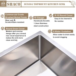 SHACO 25x22 Inch Drop In Kitchen Sink, Top Mount 16 Gauge 304 Stainless Steel 25 Inch Drop In RV Laundry Utility Sink, Brushed Nickel Single Bowl Sink Topmount Overmount Sink with Drain