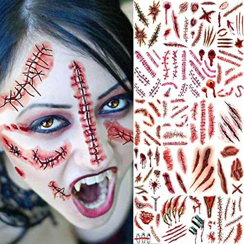 COKTAK 136+ PCS Halloween Temporary Tattoos For Adults, Kids, Men, Women - Zombie, Scary, Bloody, Chucky, Face, Scratches, Stickers, Wound