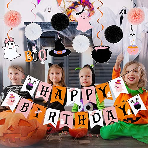 Pink and Black Halloween Happy Birthday Banner and Halloween Birthday Hanging Swirls Happy Birthday Halloween Banner for Pink Girls Halloween Birthday Party Supplies