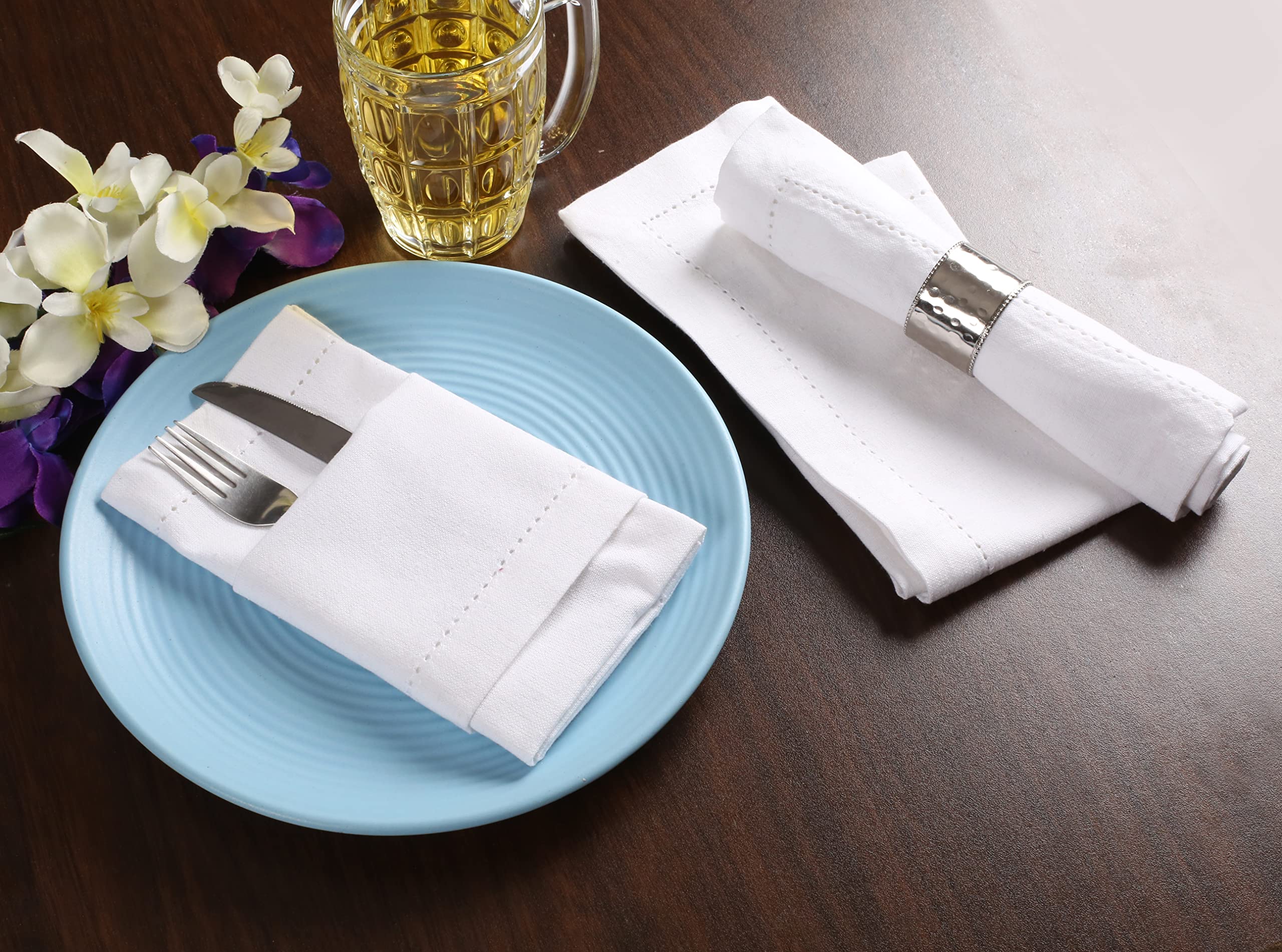 Palisa Cloth Dinner Napkins with Hemstitched Detailing & Mitered Corners Set of 4 (18x18 Inches) White - Cotton Reusable Dinner Napkins - Perfect for Weddings & Everyday Use