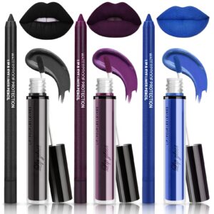 newbang 3pcs dark black blue purple lipstick and lipliner,matte liquid lipstick set,black lip stain lip gloss and lip liner waterproof longlasting lip halloween christmas makeup