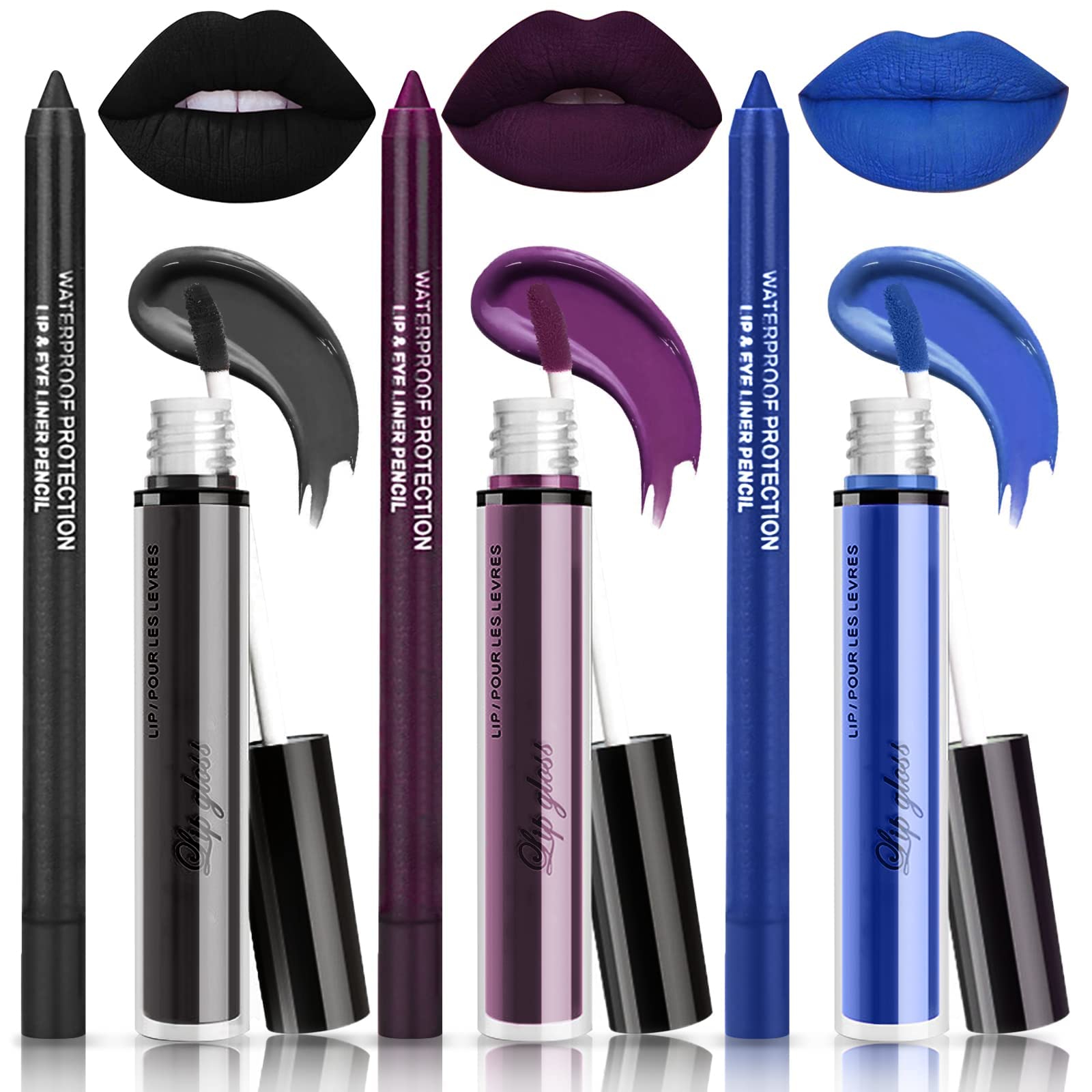 NewBang 3Pcs Dark Black Blue Purple Lipstick and Lipliner,Matte Liquid Lipstick Set,Black Lip Stain Lip Gloss and Lip Liner Waterproof Longlasting Lip Halloween Christmas Makeup