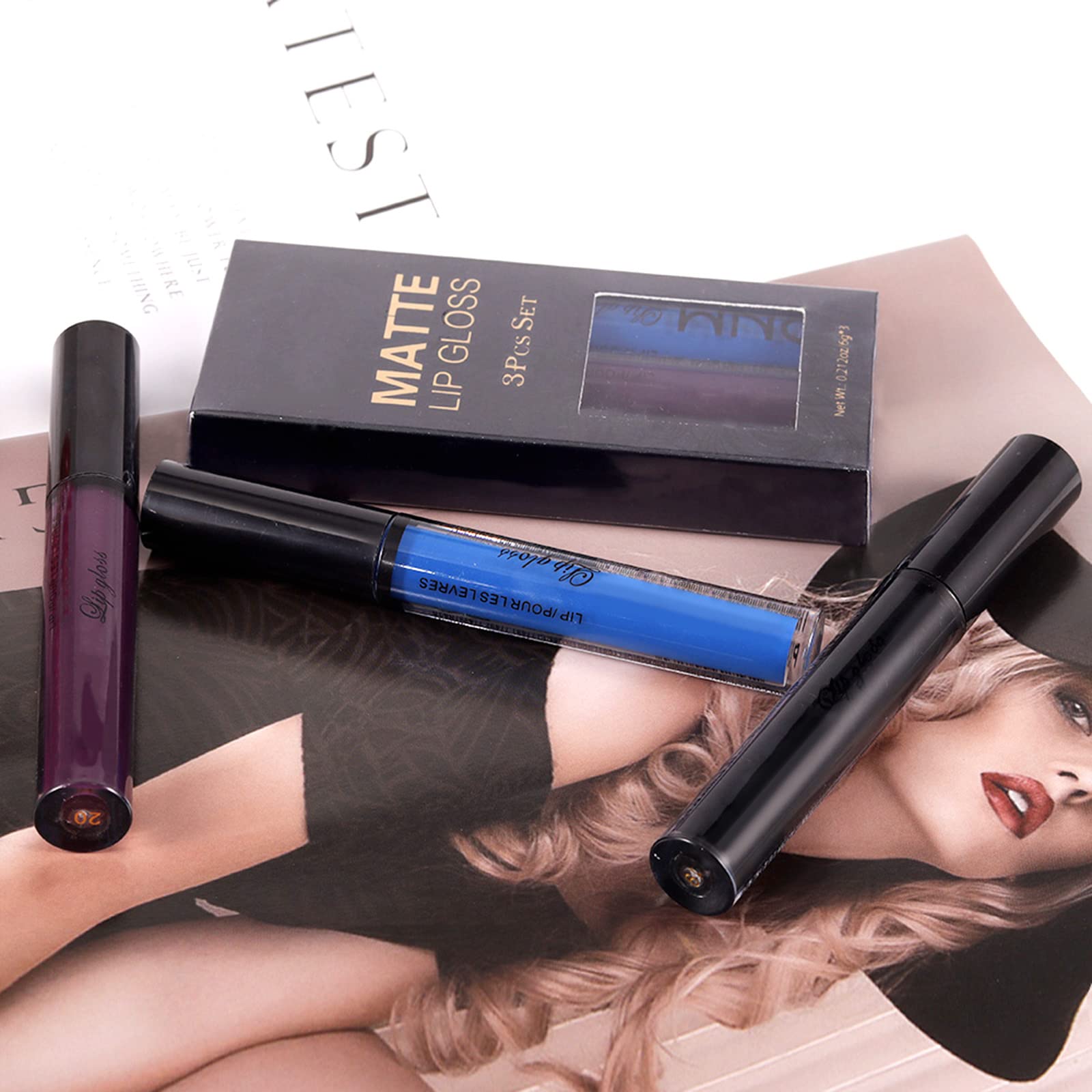 NewBang 3Pcs Dark Black Blue Purple Lipstick and Lipliner,Matte Liquid Lipstick Set,Black Lip Stain Lip Gloss and Lip Liner Waterproof Longlasting Lip Halloween Christmas Makeup