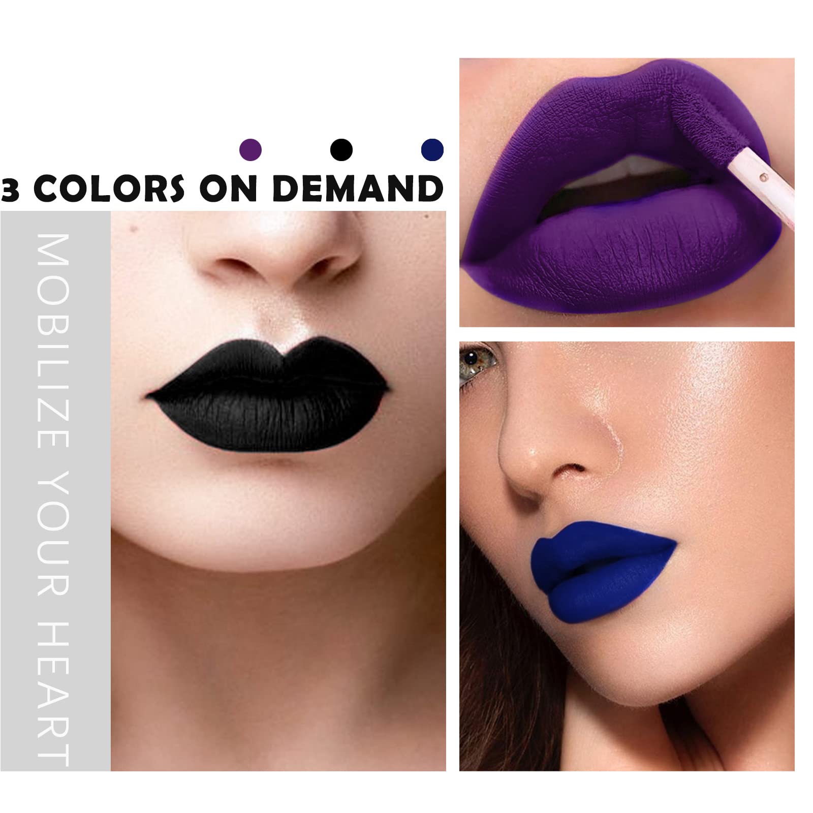 NewBang 3Pcs Dark Black Blue Purple Lipstick and Lipliner,Matte Liquid Lipstick Set,Black Lip Stain Lip Gloss and Lip Liner Waterproof Longlasting Lip Halloween Christmas Makeup