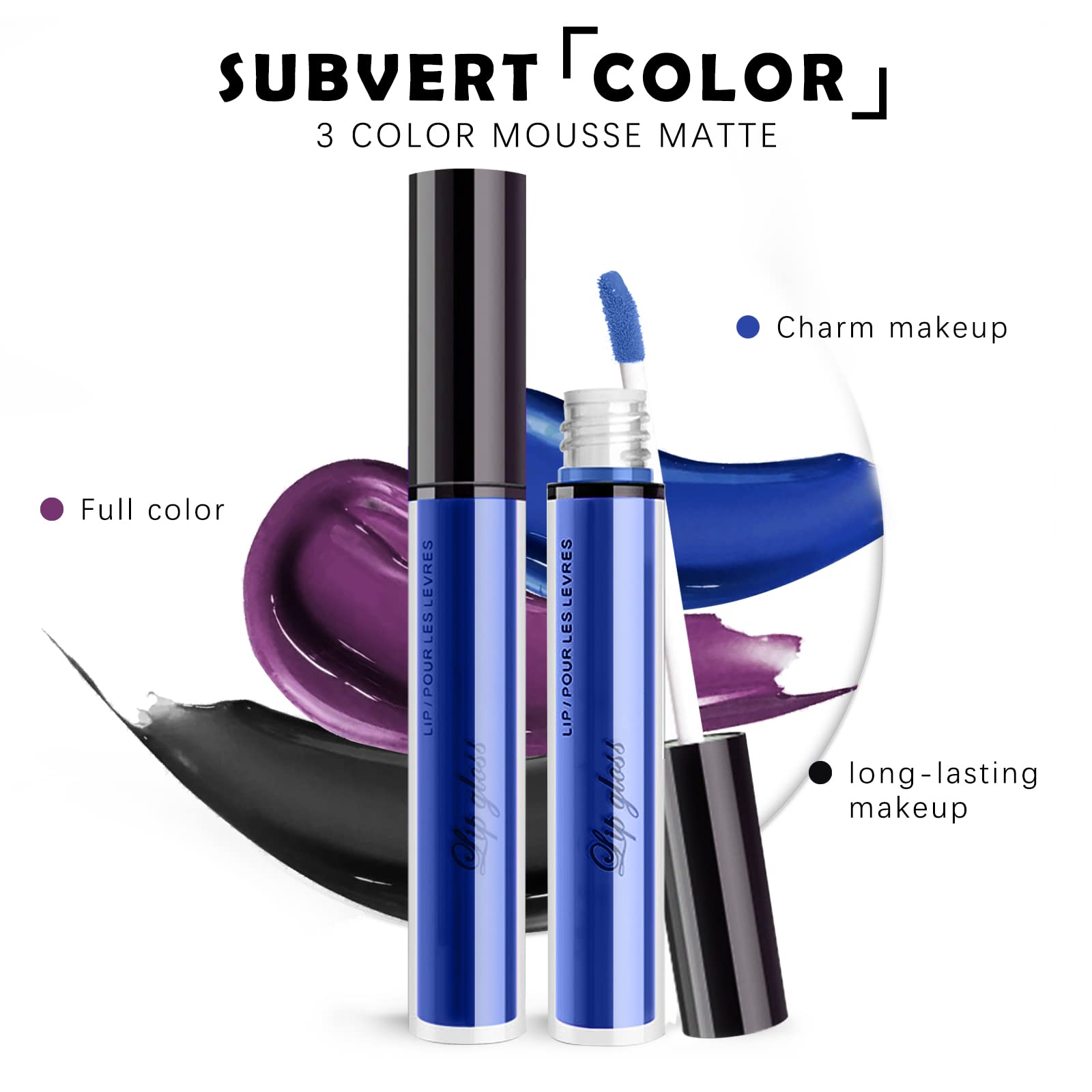 NewBang 3Pcs Dark Black Blue Purple Lipstick and Lipliner,Matte Liquid Lipstick Set,Black Lip Stain Lip Gloss and Lip Liner Waterproof Longlasting Lip Halloween Christmas Makeup