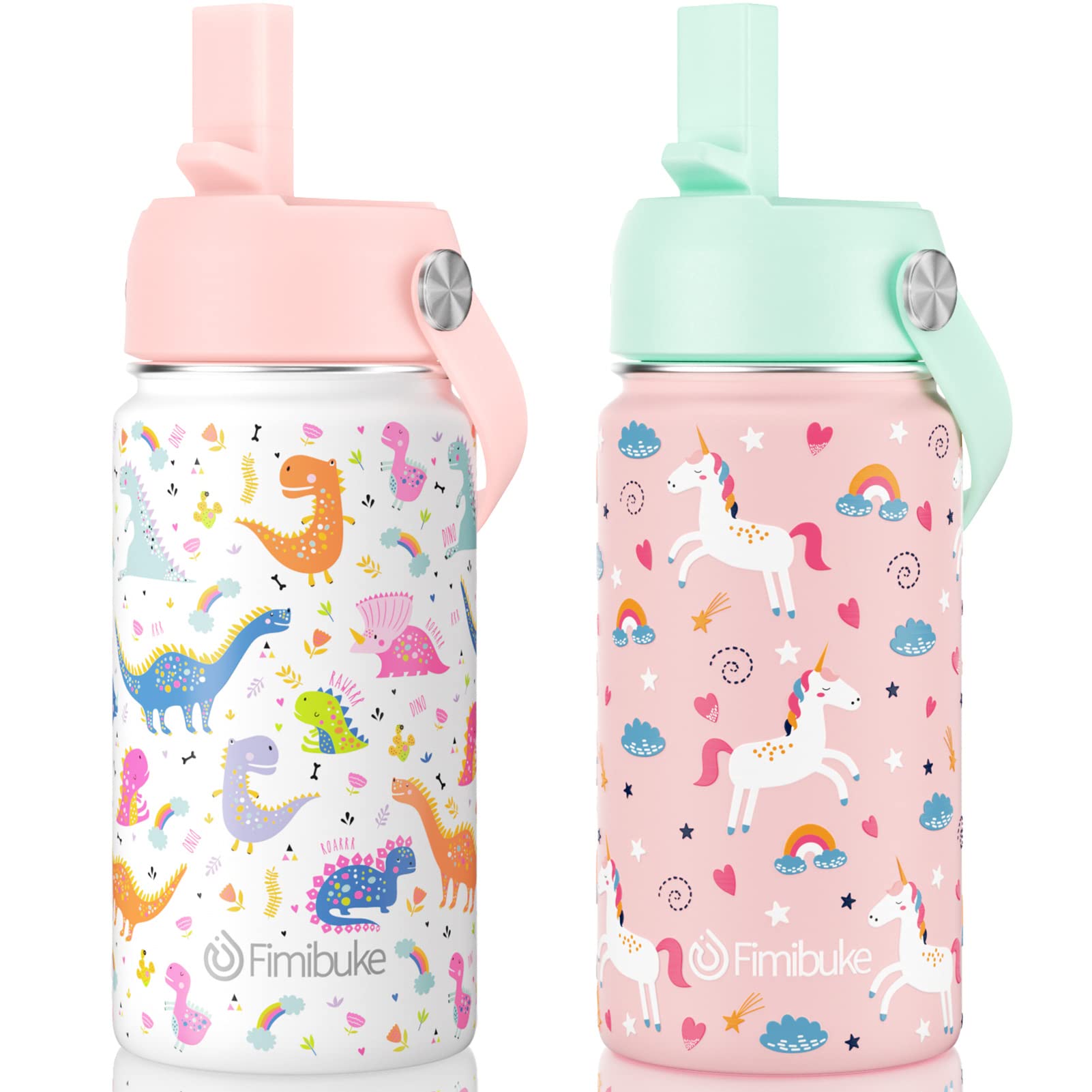 Fimibuke Kids Insulated Water Bottle - 14oz BPA-FREE Double Wall Vacuum Tumbler 18/8 Stainless Steel Leak Proof Cups with Straw Metal Bottle for School Boy Girl (2 Pack, UNICORN+WHITE DINOSAUR)