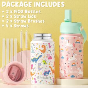 Fimibuke Kids Insulated Water Bottle - 14oz BPA-FREE Double Wall Vacuum Tumbler 18/8 Stainless Steel Leak Proof Cups with Straw Metal Bottle for School Boy Girl (2 Pack, UNICORN+WHITE DINOSAUR)