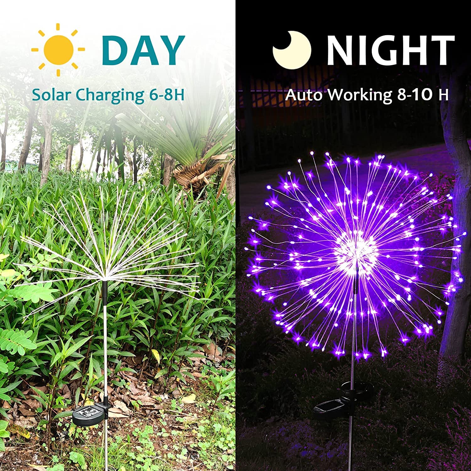 JJGoo Solar Garden Lights Solar Firework Lights, 2 Pack 150 LEDs 2 Lighting Modes Solar Lights Outdoor Waterproof for Garden Patio Walkway Pathway Party Wedding Christmas Decorative - Purple