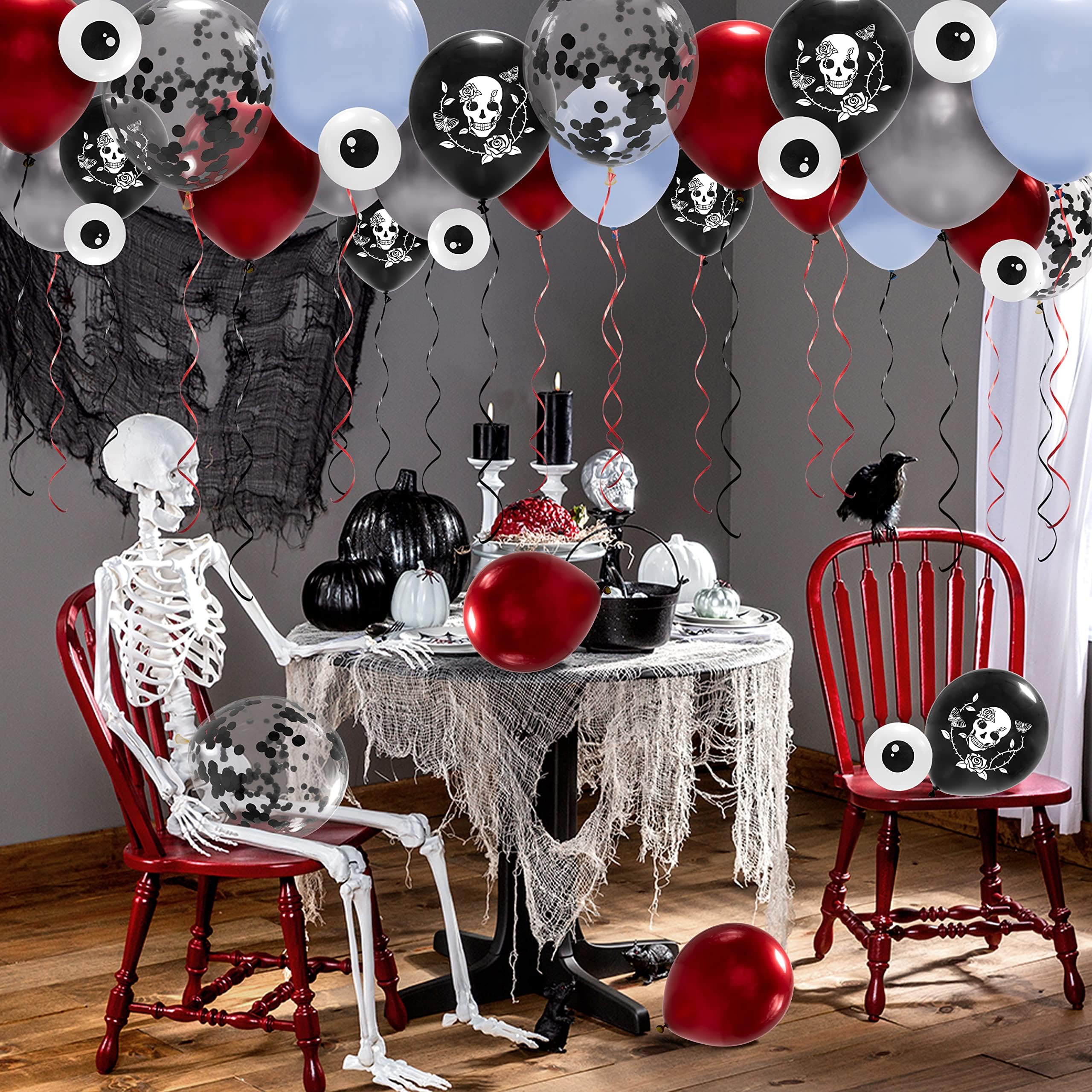 Cheerland 26 pcs Halloween Rose Skull Balloon Set Black Burgundy White Skeleton Halloween Party Balloon for Costume Birthday Engagement Anniversary Bridal Shower Party Supplies