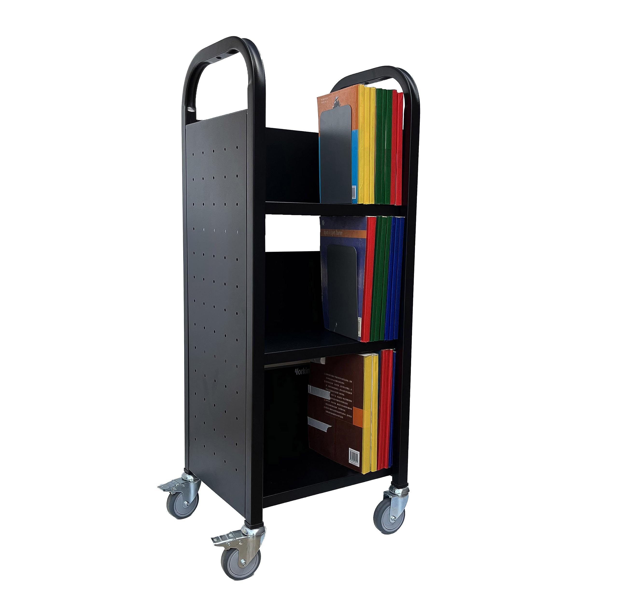 Workington Single Bank Rolling Book Truck Book Cart with 3 Flat Shelves, Library Book Cart with Swivel Lockable Casters 3000 Black