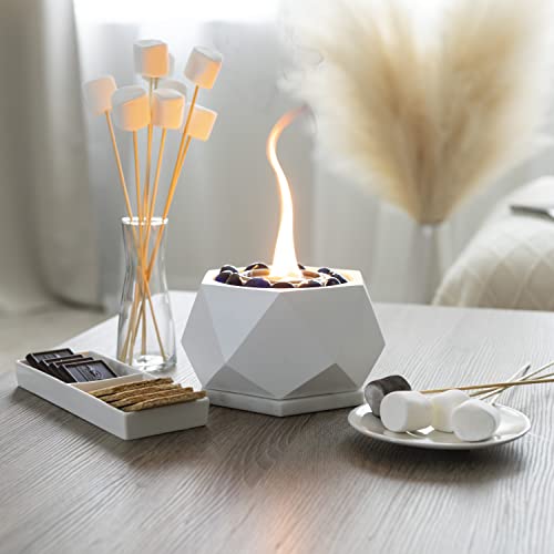 ORGU Indoor Fire Pit Concrete Table Top Fire Bowl, Ethanol Personal Cement Fireplace with Fire Glass Stones and Marble Coaster Mat, Mini Smore Maker Portable, Indoor, Outdoor and Smokeless