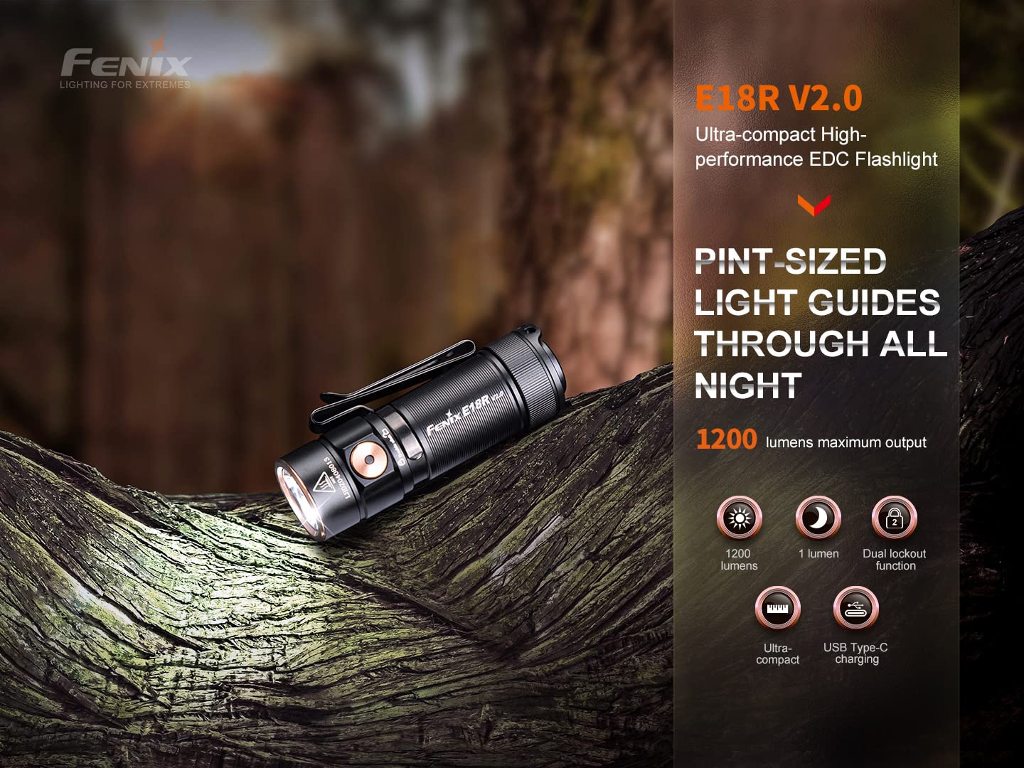 Fenix E18R V2.0 EDC Flashlight, 1200 Lumens USB-C Rechargeable Ultra Compact Pocket Light with Lumentac Organizer