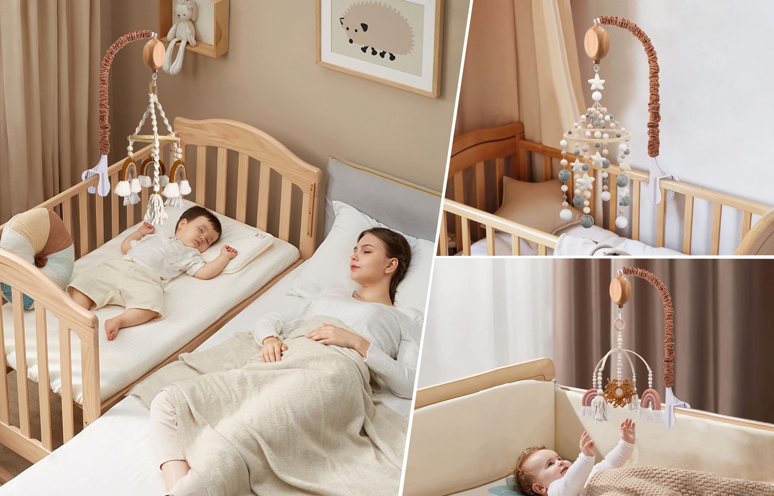 Crib Mobile Arm with Music Box - Imitation Wood - 23 Inch Mobile Arm for Crib - Crib Mobile Motor Battery Operated - Volume Control - 35 Lullabies - Crib Toys Attachments - Holder for DIY Clamp Mobile