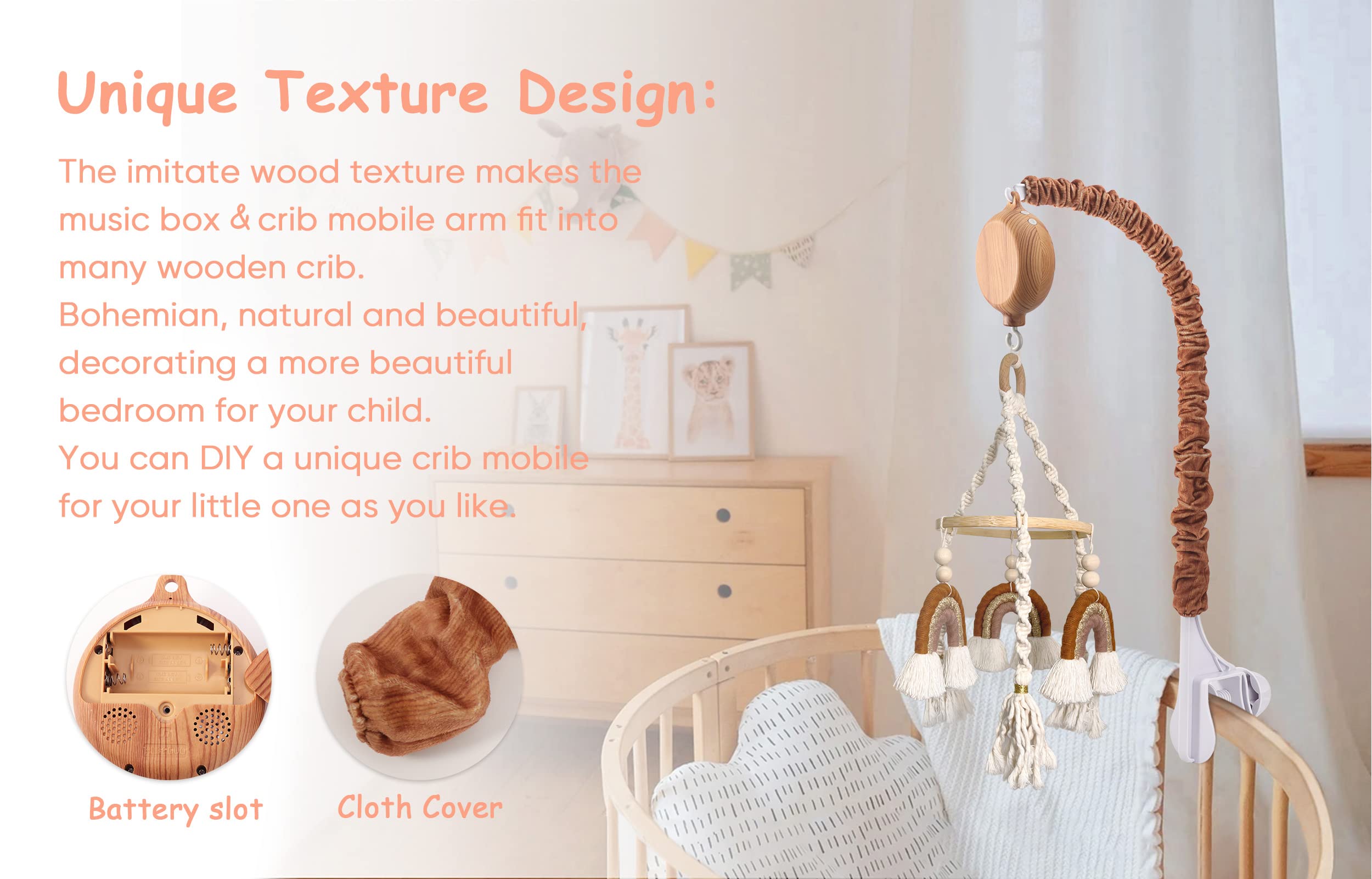 Crib Mobile Arm with Music Box - Imitation Wood - 23 Inch Mobile Arm for Crib - Crib Mobile Motor Battery Operated - Volume Control - 35 Lullabies - Crib Toys Attachments - Holder for DIY Clamp Mobile