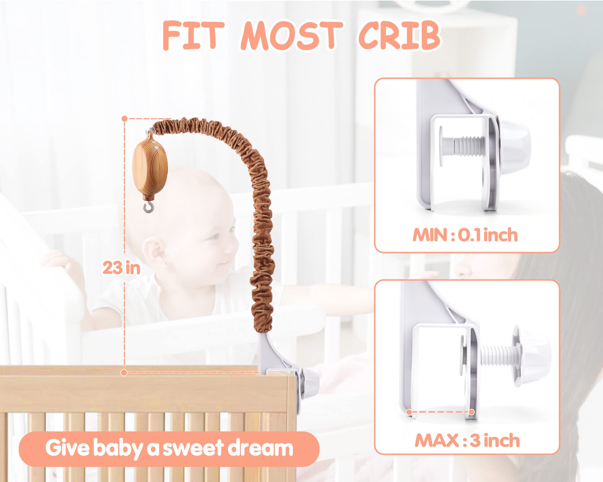 Crib Mobile Arm with Music Box - Imitation Wood - 23 Inch Mobile Arm for Crib - Crib Mobile Motor Battery Operated - Volume Control - 35 Lullabies - Crib Toys Attachments - Holder for DIY Clamp Mobile