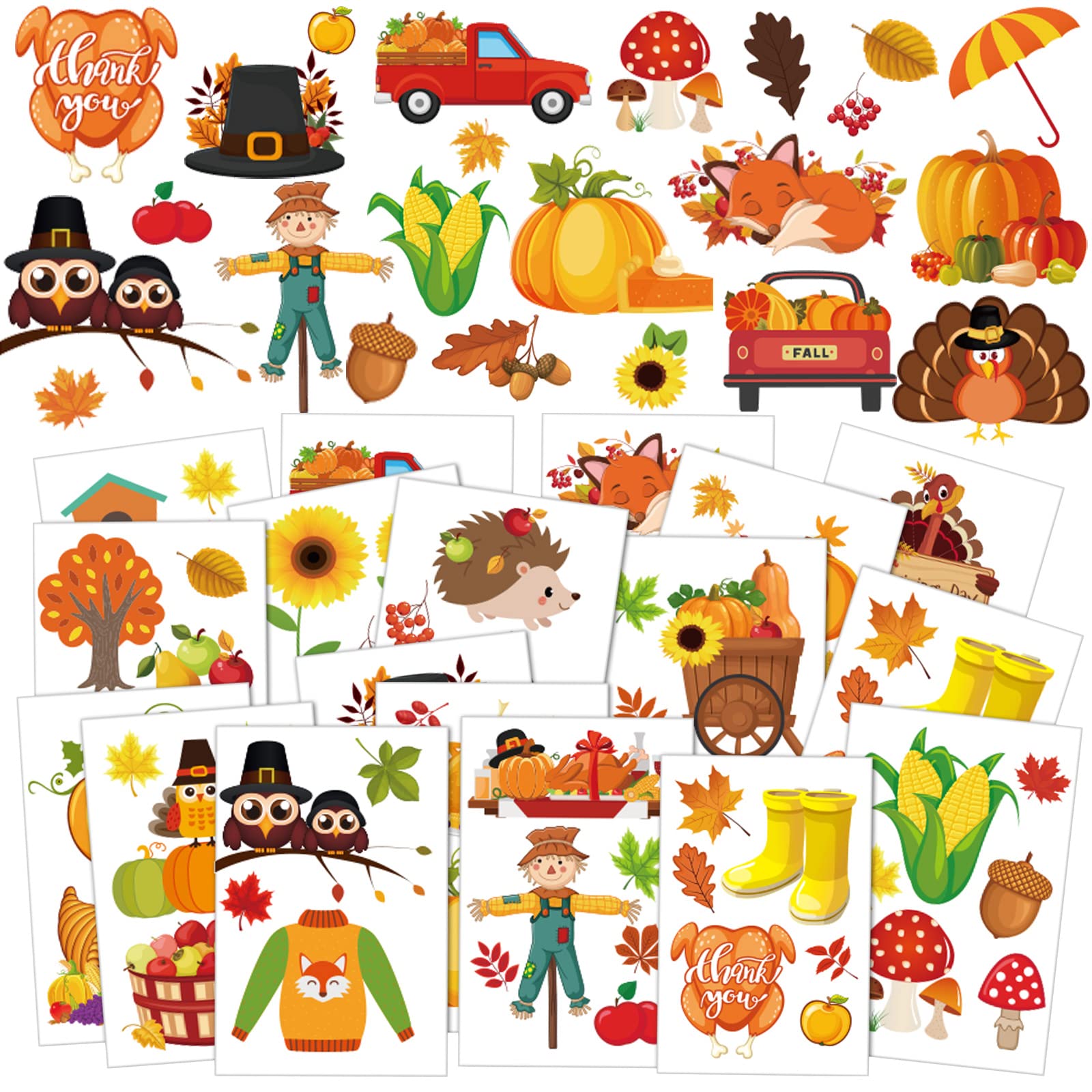 Ferraycle 292 Pcs Fall Temporary Tattoos for Kids Thanksgiving Fake Tattoos Kids Autumn Tattoo Stickers for Kids Pumpkin Turkey Maple Santa Temporary Tattoos for Christmas Teens Theme Party Supplies