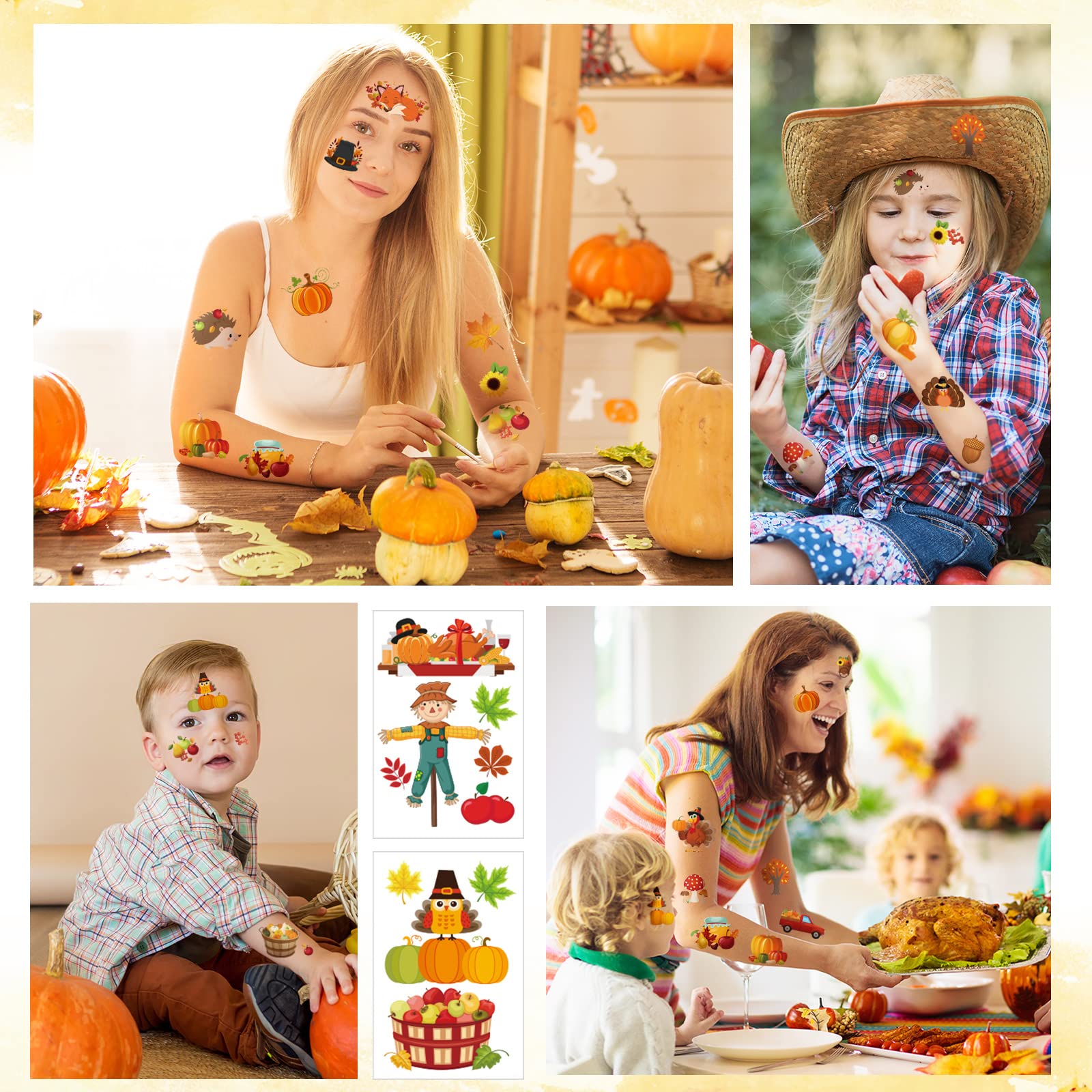 Ferraycle 292 Pcs Fall Temporary Tattoos for Kids Thanksgiving Fake Tattoos Kids Autumn Tattoo Stickers for Kids Pumpkin Turkey Maple Santa Temporary Tattoos for Christmas Teens Theme Party Supplies