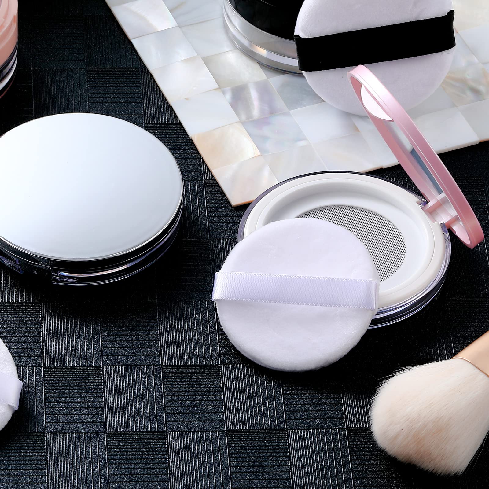 2 Pcs Loose Powder Container with Puff 0.17/0.7 oz Reusable Plastic Empty Powder Case Portable DIY Empty Makeup Powder Container Loose Powder Compact Case with Mirror and Net Sifter(Pink, Silver)