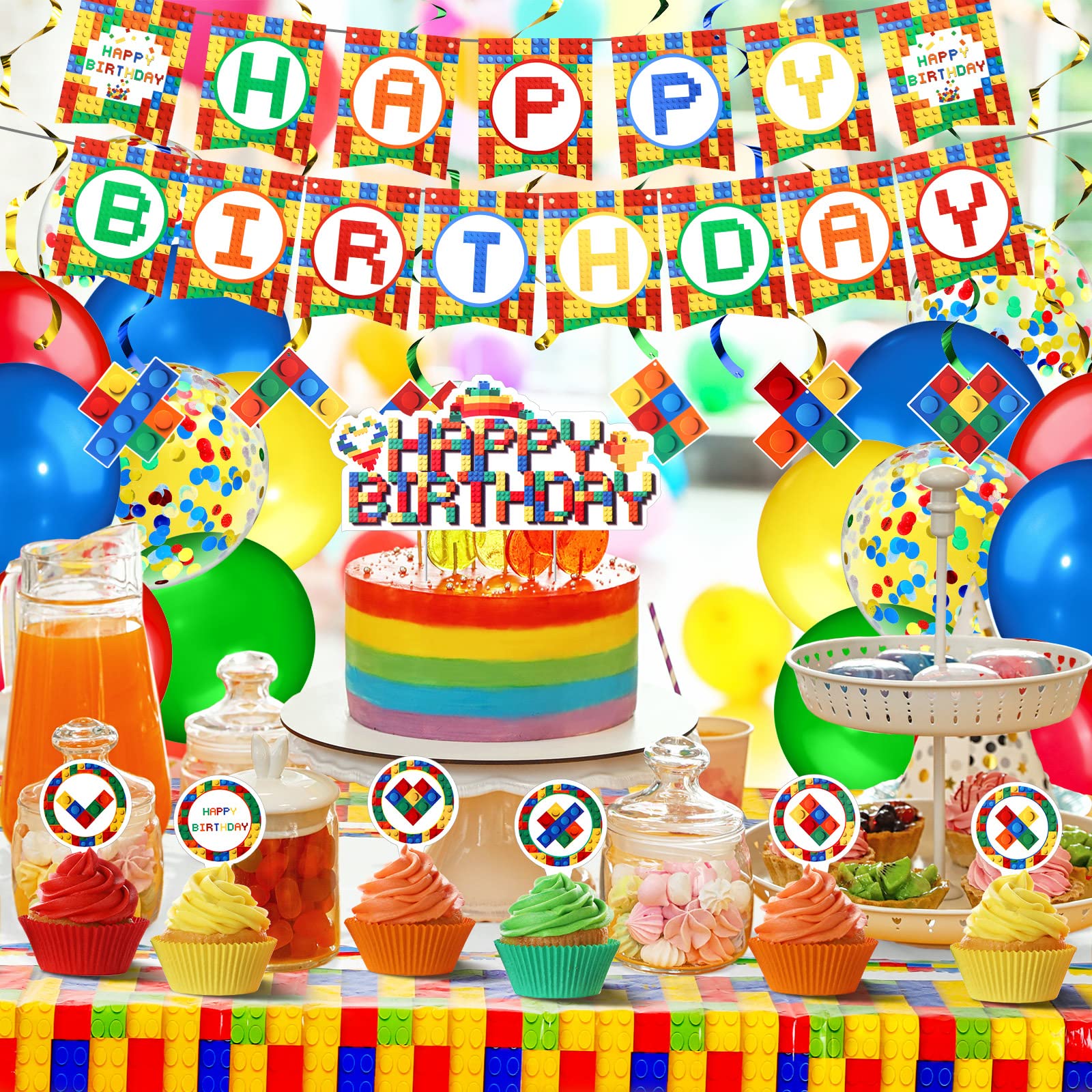 Spiareal 78 Pcs Building Block Birthday Party Supplies Birthday Party Decor Include Happy Birthday Banner, Building Block Swirls, Table Cover, Cake Toppers, Cupcake Toppers, Balloons for Kids Kids