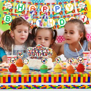 Spiareal 78 Pcs Building Block Birthday Party Supplies Birthday Party Decor Include Happy Birthday Banner, Building Block Swirls, Table Cover, Cake Toppers, Cupcake Toppers, Balloons for Kids Kids