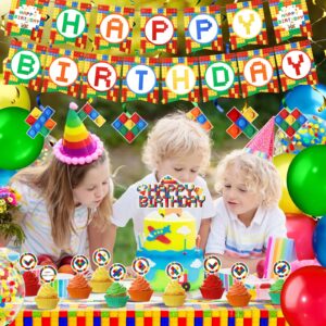 Spiareal 78 Pcs Building Block Birthday Party Supplies Birthday Party Decor Include Happy Birthday Banner, Building Block Swirls, Table Cover, Cake Toppers, Cupcake Toppers, Balloons for Kids Kids