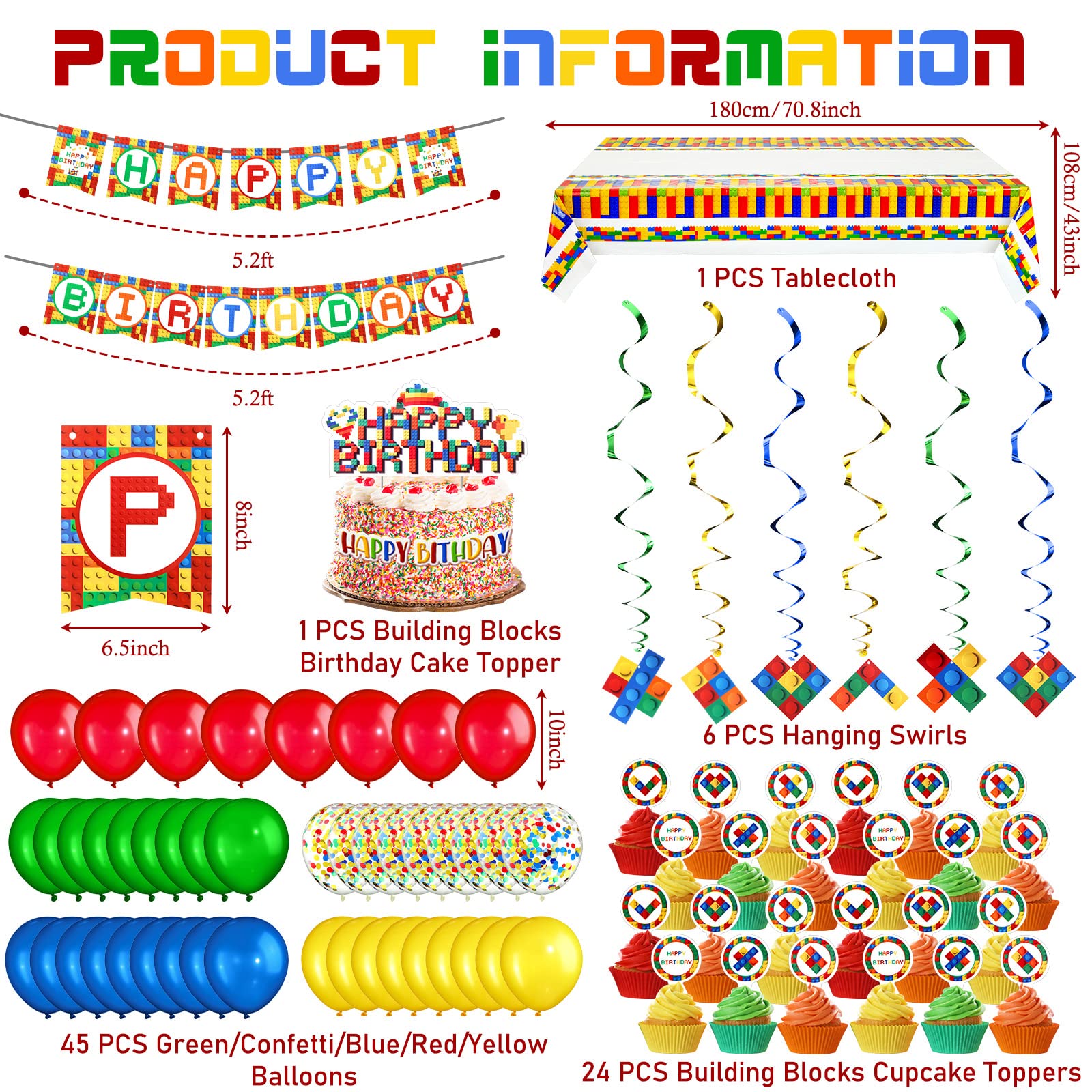 Spiareal 78 Pcs Building Block Birthday Party Supplies Birthday Party Decor Include Happy Birthday Banner, Building Block Swirls, Table Cover, Cake Toppers, Cupcake Toppers, Balloons for Kids Kids