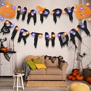 enhon halloween birthday party decorations, happy birthday banner with orange and purple string lights, lighted spooky themed party supplies for indoor outdoor front door garden golf car trailer decor