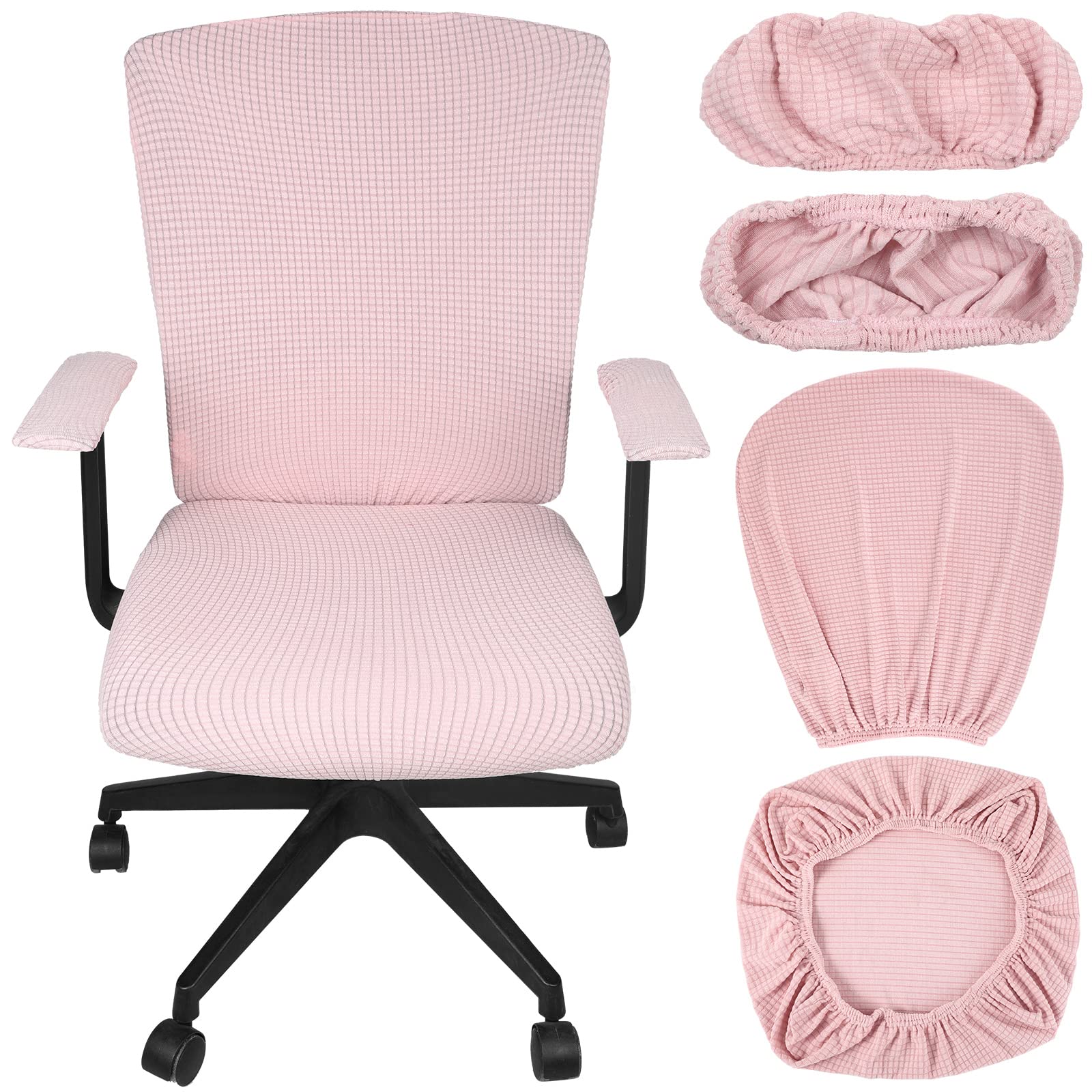 4 Pieces Computer Office Chair Covers Set Universal Protective Stretchable Chair Seat Covers Desk Chair Armrest Covers Slipcovers Pads Office Cushion Backrest for Boss Rotating Chairs (Pink)