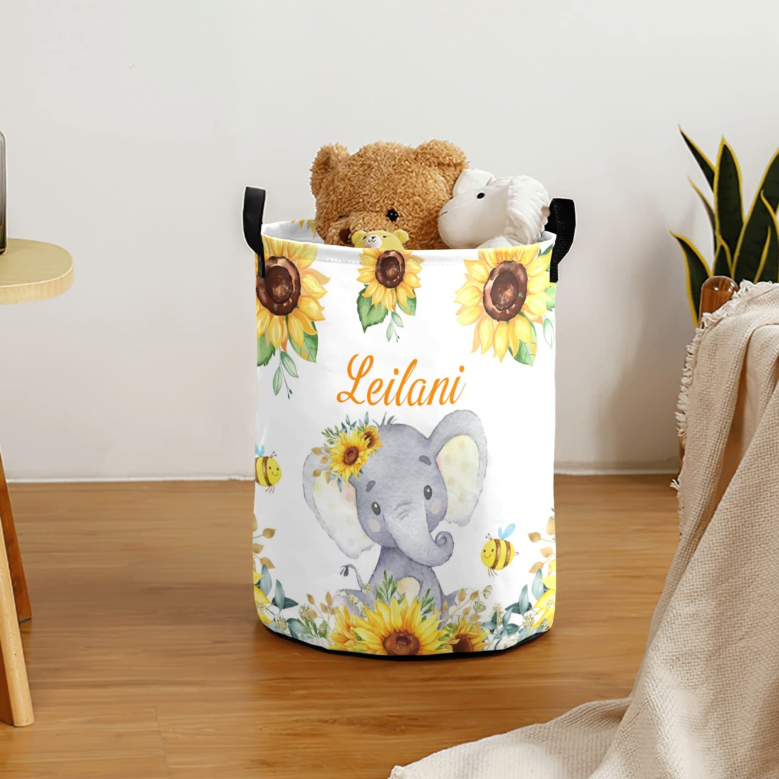 Custom Elephant Sunflower Bee Laundry Hamper Personalized Laundry Basket with Name Storage Basket with Handle for Living Room Bedroom Bathroom