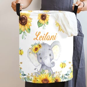 Custom Elephant Sunflower Bee Laundry Hamper Personalized Laundry Basket with Name Storage Basket with Handle for Living Room Bedroom Bathroom