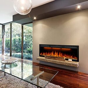 Dreamflame Modern Electric Fireplace 50inch, Recessed & Wall Mounted Fireplace Electric, Realistic Flame Effect and Heat Up Fast with Low Noise, Thermostat& Timer, 750W/1500W, Black