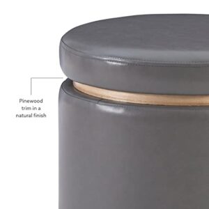 Linon Lexington Grey Faux Leather Round Storage Ottoman with Wood Accent